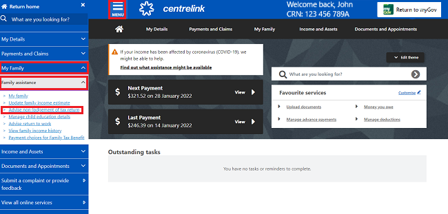 Centrelink online account help - Advise non-lodgement of tax return ...